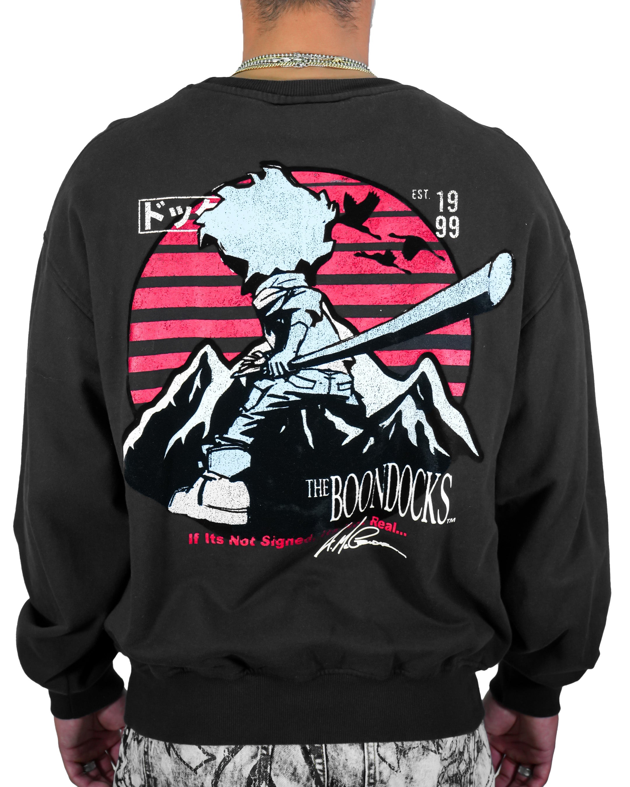 The Boondocks Huey Samurai Warrior Black Acid Wash Crewneck – Rock Band ...
