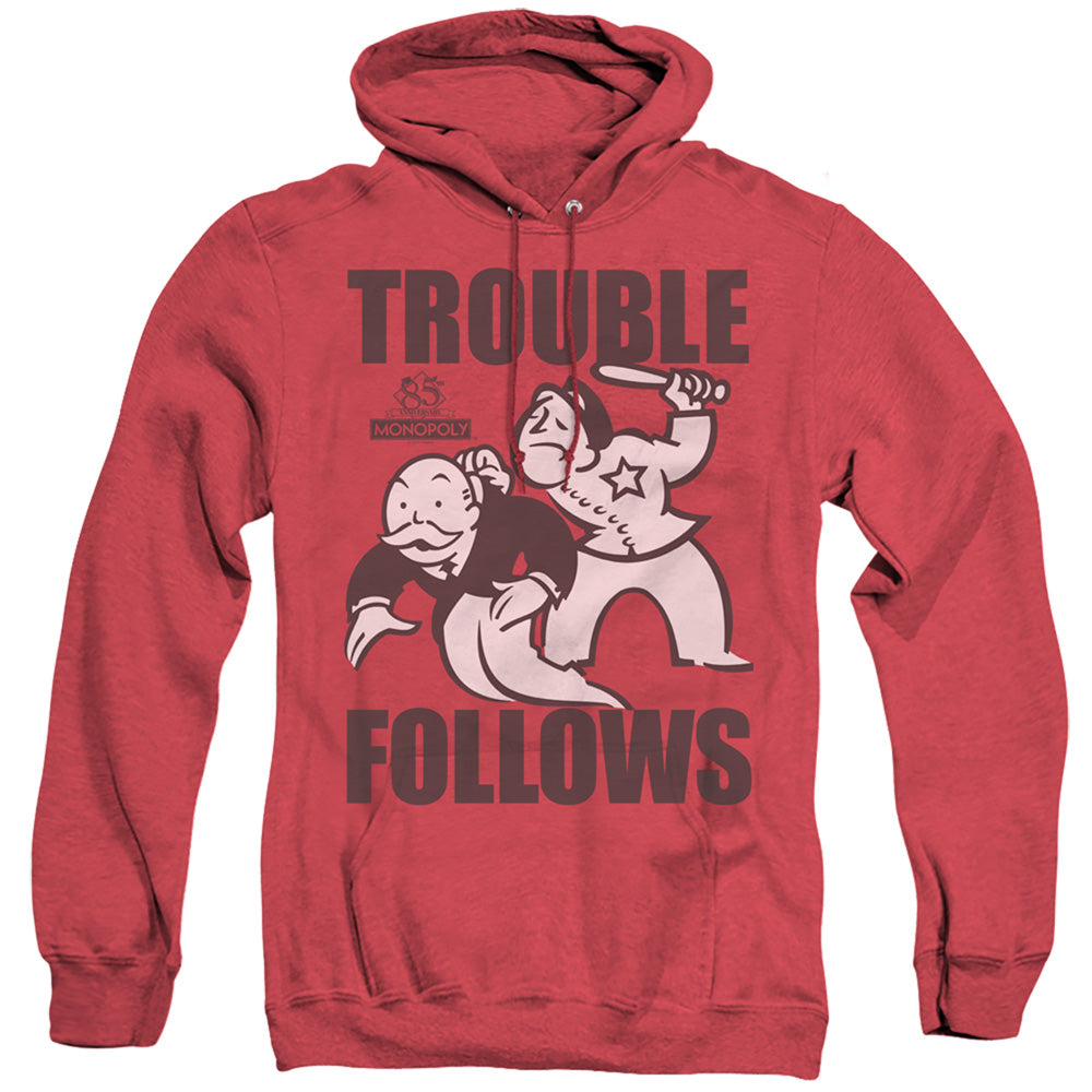 Monopoly Trouble Follows Heather Mens Hoodie Red | Rock Band Merch