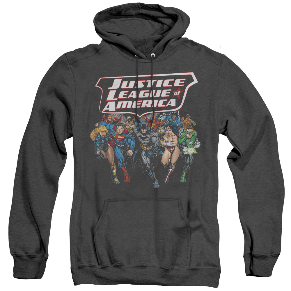 Justice League Charging Justice Heather Mens Hoodie Black | Rock Band Merch